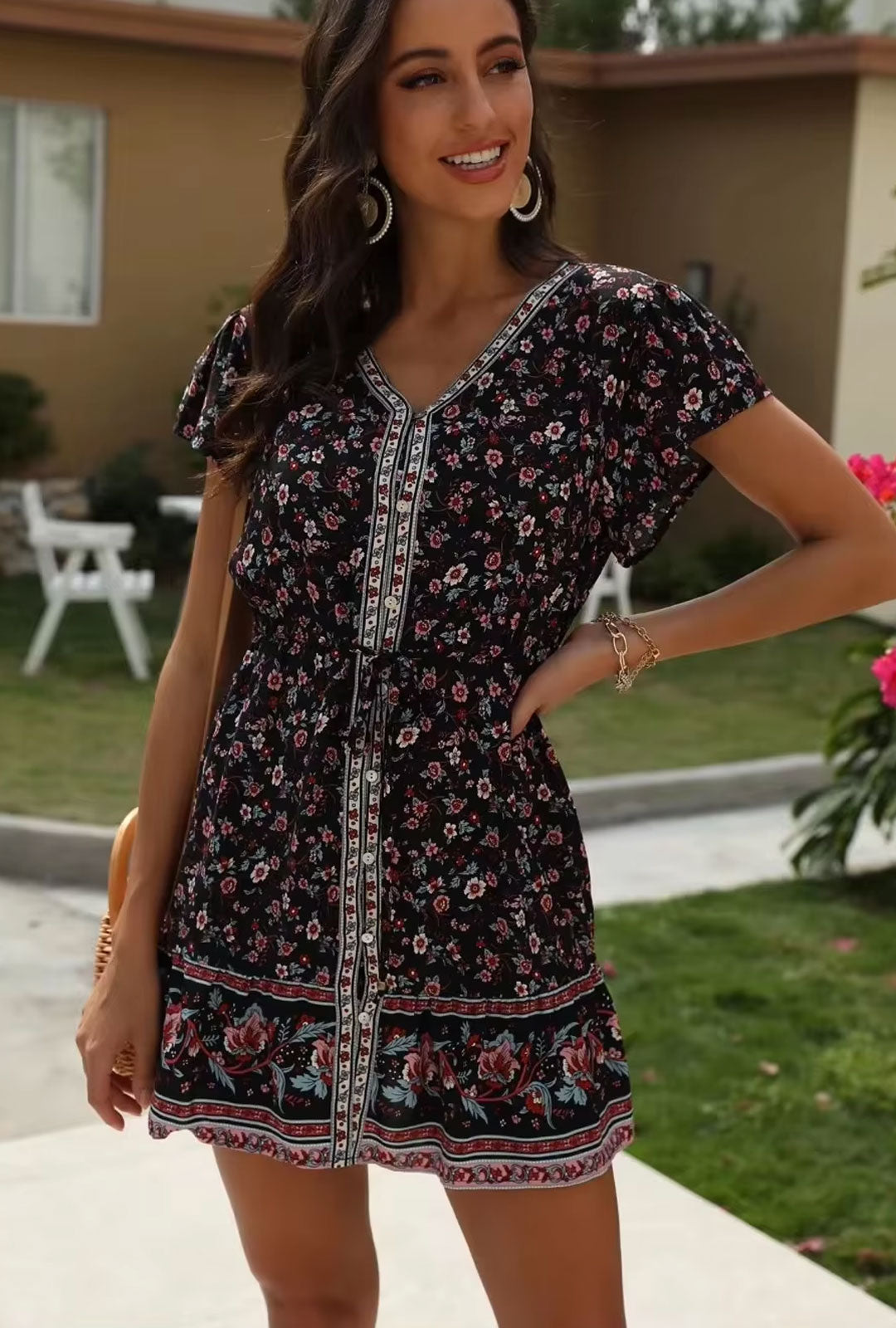 Boho Mini Dress – “Midnight Bloom” Button Front Floral Dress in Black ...