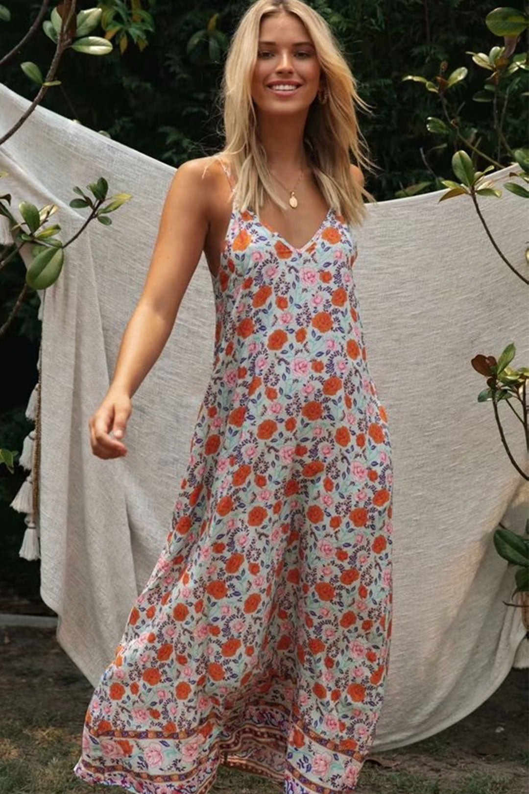 Boho Maxi Dress – “Wild Bloom” Strappy Floral Sundress in Soft White f ...