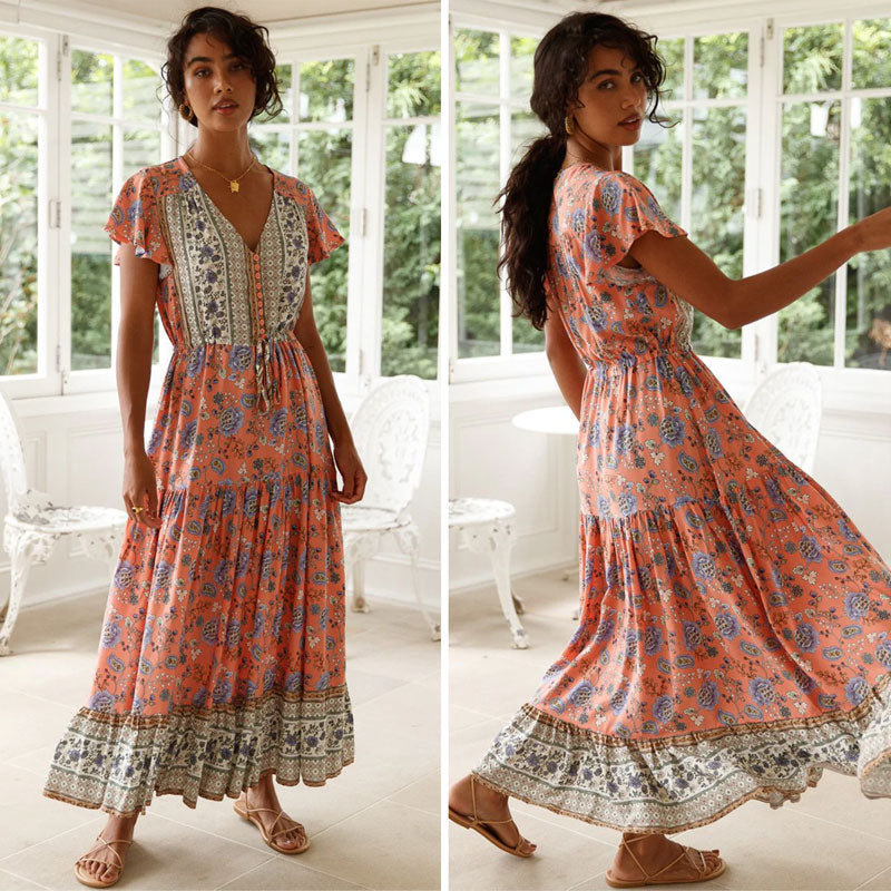 Boho Sundress – “Pink Calla” Lightweight Maxi Dress in Soft Blue Flora ...